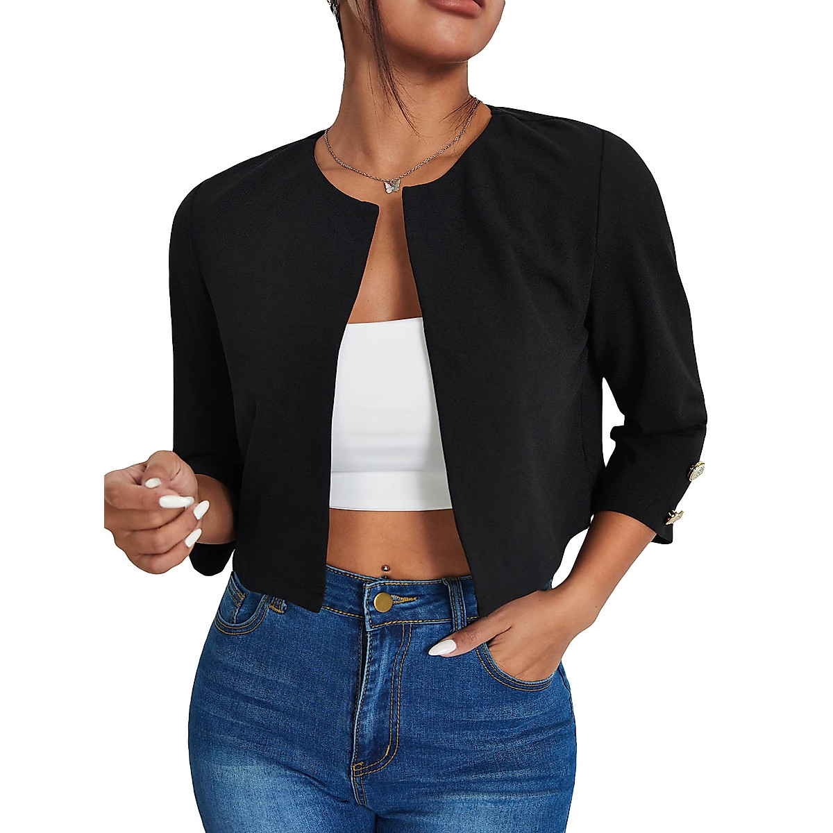 WDIRARA Women's Open Front 3/4 Sleeve Button Cuff Crop Blazer Casual Jackets Black S