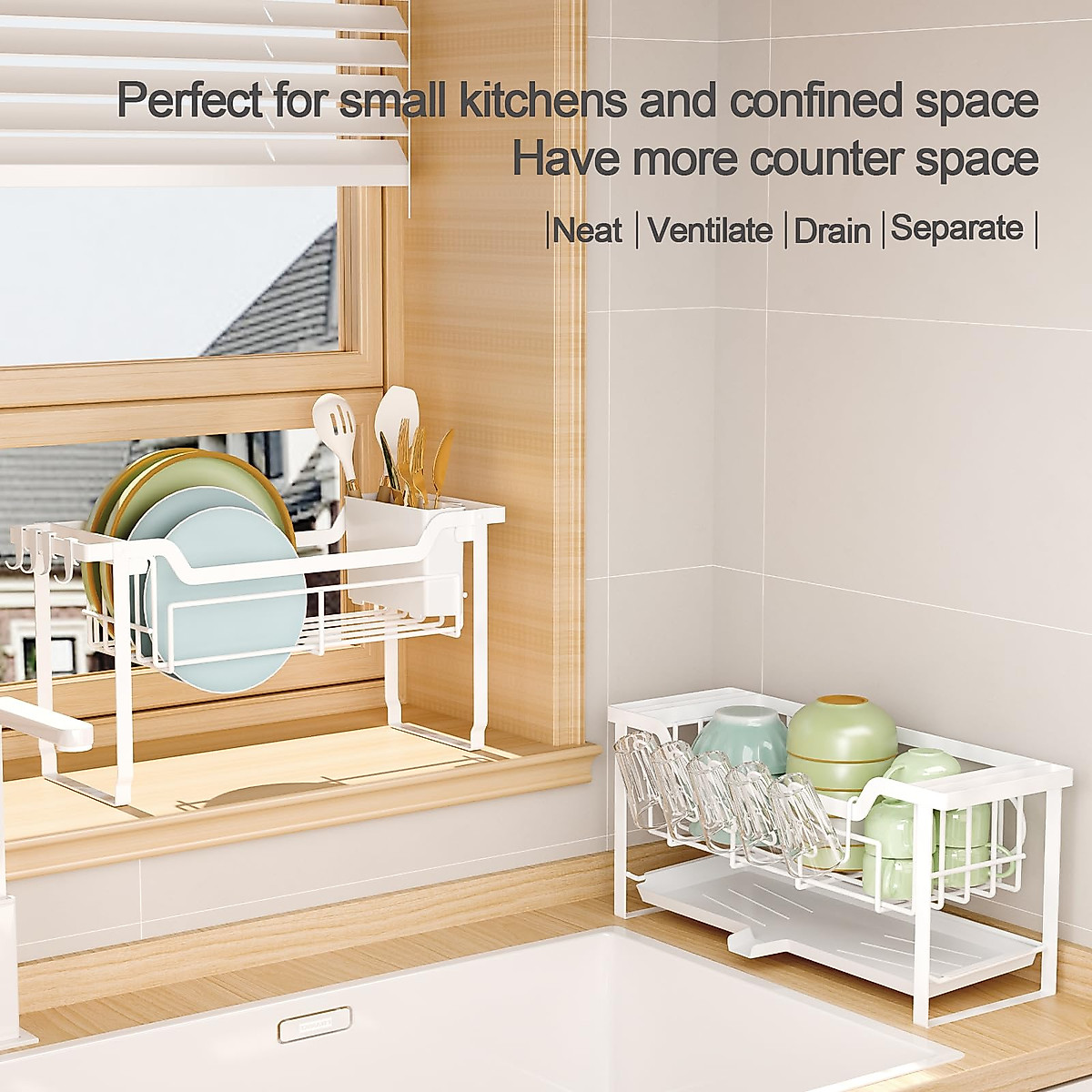 KOSIWU Dish Rack with Drainboard, Organizes Dishes and Bathroom Items for Narrow Spaces, Two-Story Drying Rack Fits 12 Plates 12 Bows 5 Glasses 4 Hooks and Some Cutlery, White