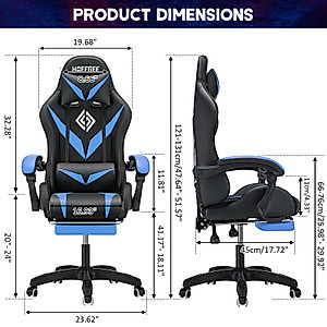 Gaming Chair with Massage and LED Lights Ergonomic Video Game Chairs with Footrest High Back Reclining Computer Chair with Adjustable Lumbar Support Blue and Black