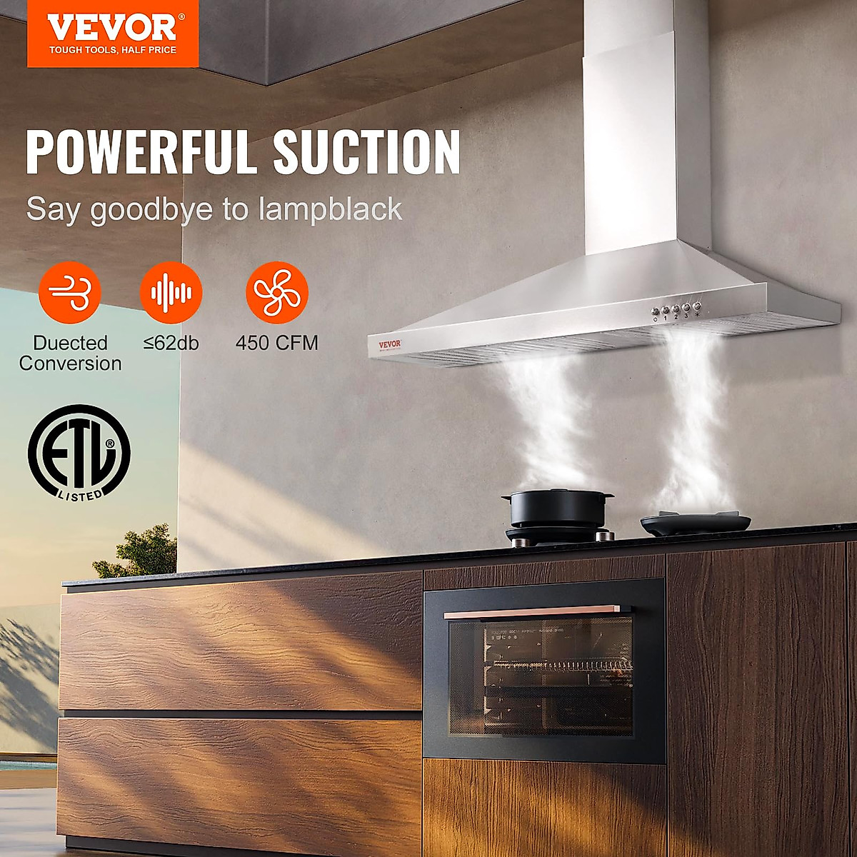 VEVOR TD1775Y-AC-I1 Wall Mount Range Hood Ducted Kitchen Stove Vent, Silver