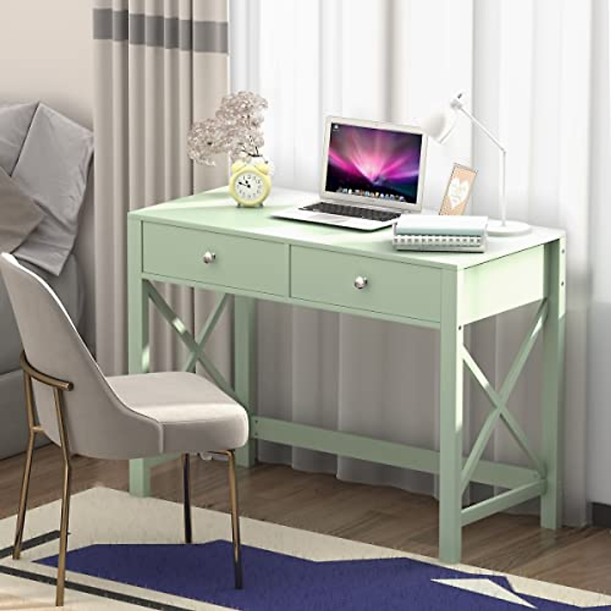 WiberWi Home Office Desk with Drawers, Small Writing Computer Desk for Bedroom, Modern Green Makeup Vanity Table Desk for Girls, Study Table for Home Office