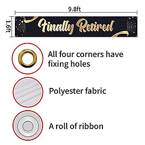 Finally Retired Large Banner, Happy Retirement Yard Sign Lawn Sign, Gold and Black Retirement Party Outdoor Indoor Backdrop 9.8 x 1.6 Feet