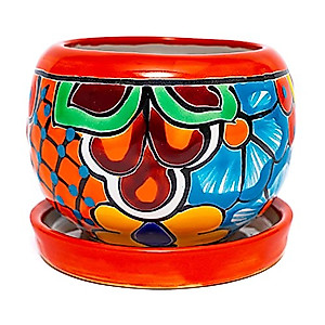 Enchanted Talavera Ceramic Succulent Pot Small Flower Planter Cactus Bonsai Pot W/Drainage Home Garden Office Desk Décor Gift (Small 4.5" x 4" with Saucer, Red)