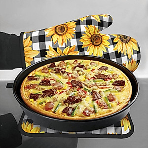Beautiful Sunflower Buffalo Plaid Oven Mitts Pot Holders,Resistant Oven Mitts Pot Holders for Cooking BBQ Baking Kitchen Decor(2 Piece)
