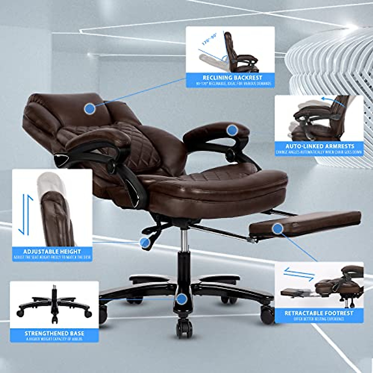 Comermax Big and Tall Home Office Desk Chairs for 400lb Heavy People, Ergonomic Reclining Office Chair with Footrest and Wide Seat, Plus Size Managerial Executive Chairs (Coffee Brown)