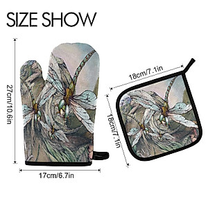 Vintage Dragonfly Oven Mitts and Pot Holders Sets Spring Summer Field Hot Pads Heat Resistant Cooking Gloves Handling Kitchen Cookware Bakeware BBQ