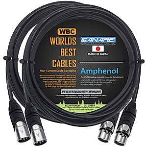 WORLDS BEST CABLES 2 Units - 10 Foot - Canare L-4E6S, Star Quad Balanced Male to Female Microphone Cables with Amphenol AX3M & AX3F Silver XLR Connectors - CUSTOM MADE
