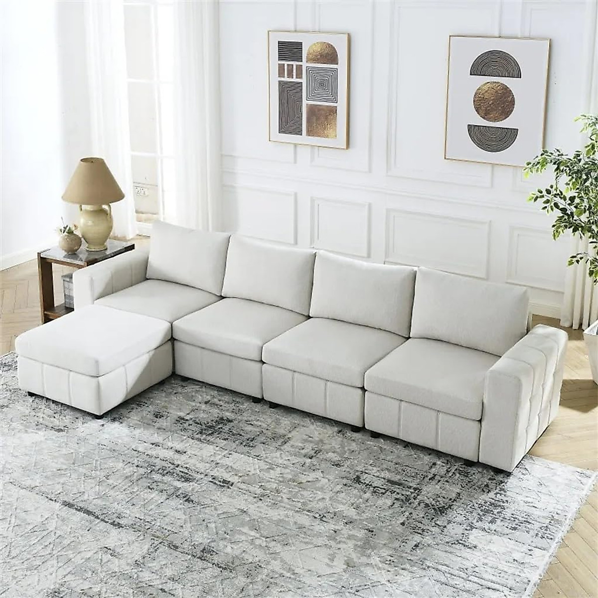 FANCUF Upholstered Modular Sofa, L Shaped Sectional Sofa for Living Room Apartment(4-Seater with Ottoman)