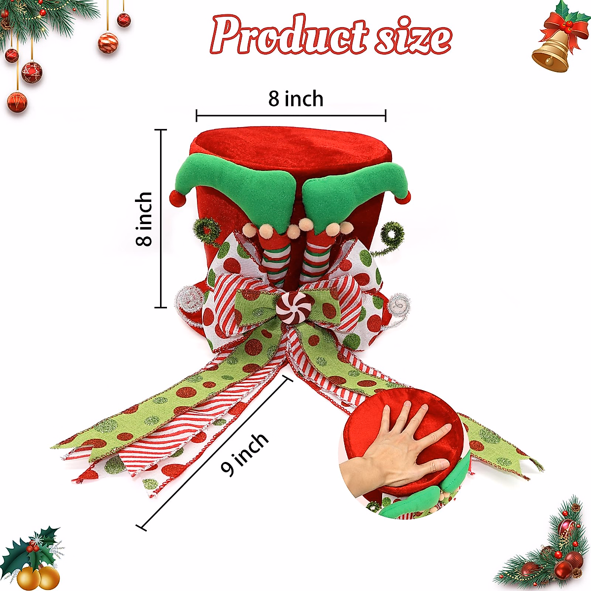 Montekin Christmas Tree Topper Hat with Bow, Red Velvet Top Hat Ornament with Elf Legs and Red & Green Polka Dot Bow, Winter Holidays Xmas Decor for Home Decoration