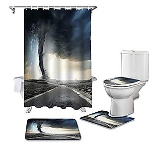 4 Pcs Shower Curtain Sets Tornado and Lightning Waterproof Fabic Bathroom Set with Non-Slip Rugs Toilet Lid Cover Bath Mat, Rolling On The Road Shower Curtain with Hooks -36x72 inch, Large