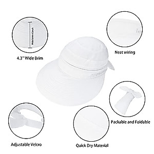Womens Large Brim Sun Hat Uv Protection 2 in 1 Zip-Off Sun Protection Visor Beach Hat Packbale Foldable White