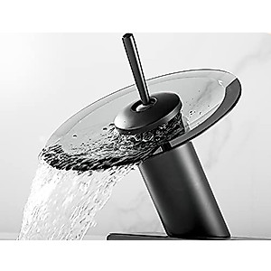 Bathroom Faucet Black Glass Waterfall Spout Single Handle 360° Swivel Solid Brass Bath Basin Lavatory Sink Vanity Faucet One or 3 Hole Commercial with Deck Plate