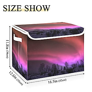 Kigai Aurora Borealis Purple Pink Storage Baskets for Shelves Foldable Closet Basket Storage Bins with Lid for Clothes Home Office Toys Organizers