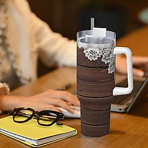 Xiexide 40oz Fits Cup Holder Travel Rustic Western Country Brown Lace Floral Wood Double Walled Vacuum Insulatedith Handle And Straw,Hot & Cold Drinks
