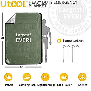 UTOOL Survival Emergency Blanket, Waterproof Insulated Tarp, Reflective Blanket Tarp, Survival Space Blankets, 3.0 Large Heavy Duty Thermal Blanket for Hiking, Camping, Green