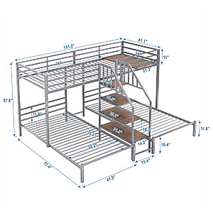 Harper & Bright Designs Triple Bunk Beds with Stairs, Metal Twin Over Twin & Twin Bunk Beds with Storage Shelves,3 Bed Bunk Beds for Kids, Girls, Boys,Teens,Silver