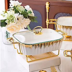 Rectangular Porcelain Casserole Warming Trays for Food, Ceramics Chafers, and Buffet Warmers Sets, Gold Plating Serving Dishes (Small 1.6 quarts)
