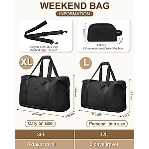 Expandable Travel Duffle Bag, Large Weekender Overnight Bags for Women Men 20.5 Inch Waterproof Carry on Shoulder Tote Bags for Hospital Maternity Mommy Gym with Toiletry Bag Black