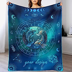 Custom Pisces Blanket Gifts, 50"x40" Rectangular Flannel Zodiac Throw Blanket Cozy, Personalized Blankets Gift for Boys Girls Teen Women Men Tarot Cards Lovers Birthday Anniversary Festival