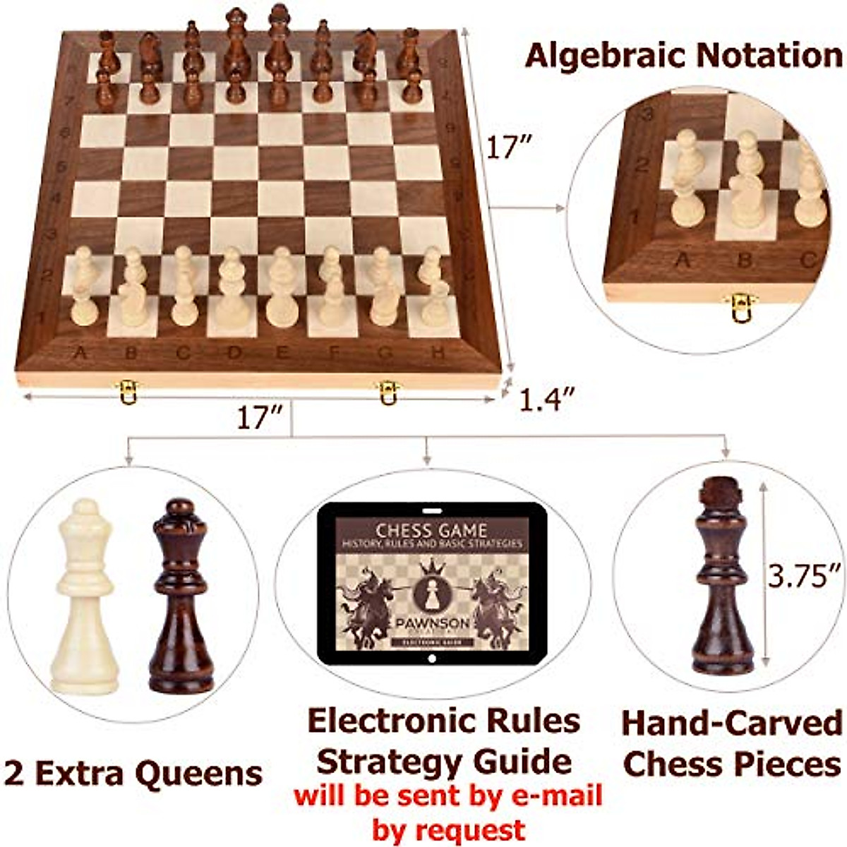 Wooden Chess Set for Kids and Adults – 17 in Staunton Chess Set - Large Folding Chess Board Game Sets - Storage for Pieces | Wood Pawns - Unique E-Book for Beginner - 2 Extra Queens