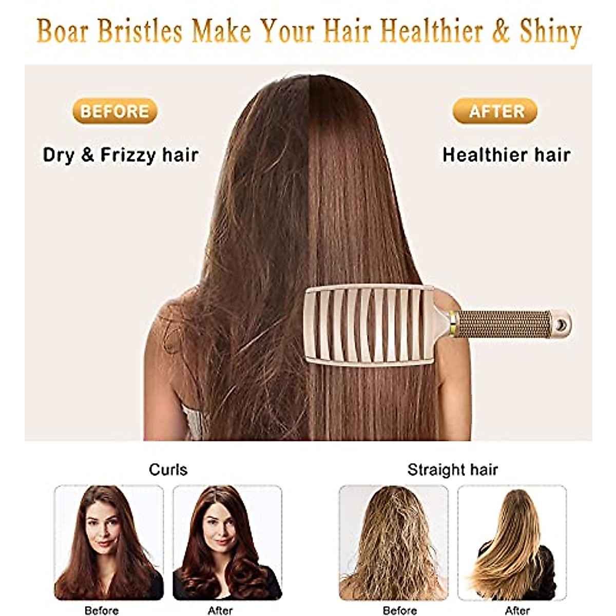 KTKUDY Detangling Brush Getting Knots Out without Pain - Boar Bristles Hair Brush Make Hair Shiny & Healthier Vented Detangler Brush for Women Men Kids Wet and Dry Hair (Gold)