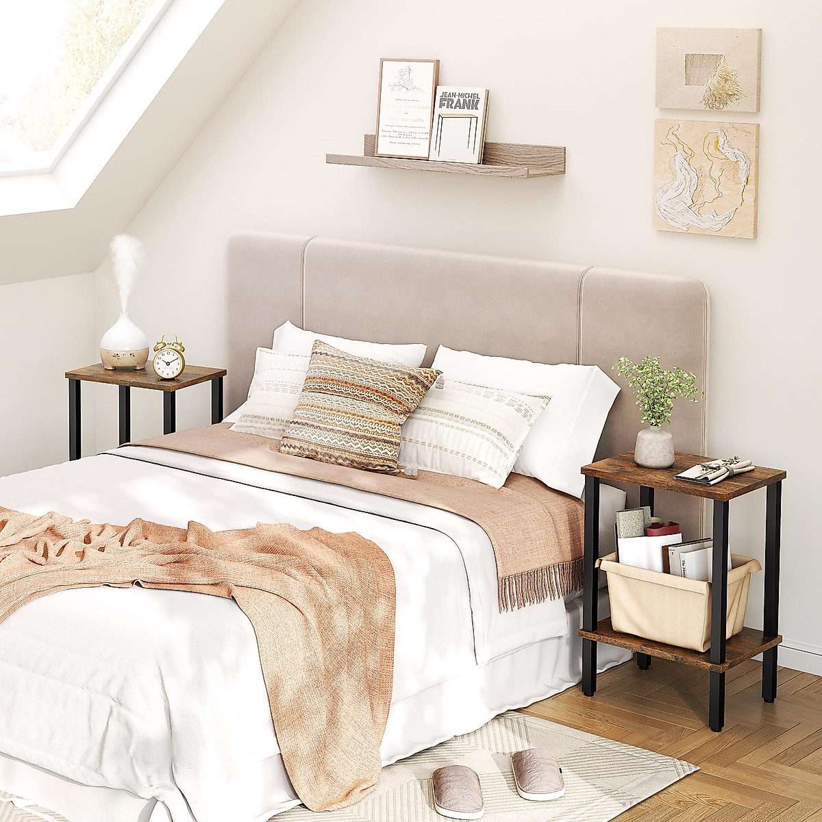 Gewudraw End Table Set of 2, Narrow Side Table, Small Nightstand, 2-Tier Sofa Table with Storage Shelf for Small Spaces, Living Room, Bedroom, Office, Rustic Brown and Black