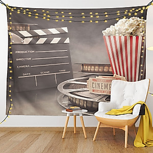 Ambesonne Movie Theater Tapestry, Old Fashion Entertainment Objects Related to Cinema Film Reel Motion Picture, Wide Wall Hanging for Bedroom Living Room Dorm, 80" X 60", Yellow White