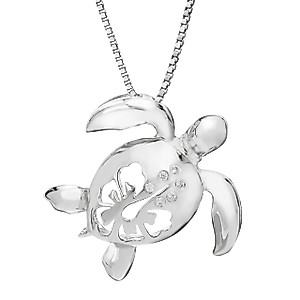 Aloha Jewelry Company Sterling Silver Turtle with Hibiscus & Cubic Zirconia Pendant (S) with 18" Box Chain