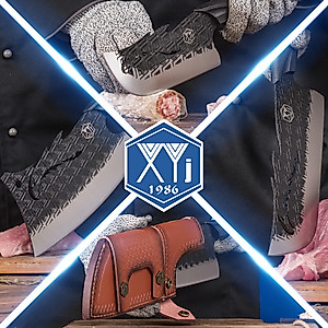 XYJ Authentic Since 1986,Vegetable Santoku Knives Set,Meat Butcher Knife With Holster,Roll Bag,Whetstone,Honing Steel,Kitchen Chef Knife,Camping Slice Knives,Full Tang,High Carbon Steel (Black)