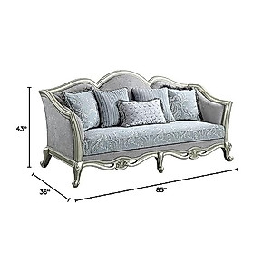 Acme Qunsia Sofa with 5 Pillows in Light Gray Fabric and Champagne