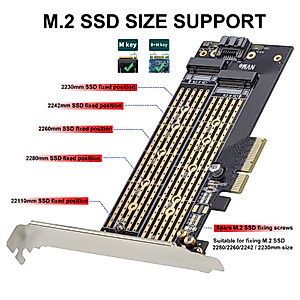 Dual M.2 PCIE Adapter, NGFF SSD to PCIE SATA Dual-Disk Adapter Expansion Card Supports MKey BKey Wiring PCIE 3.0X 4 Full Speed, Desktop PC Installation