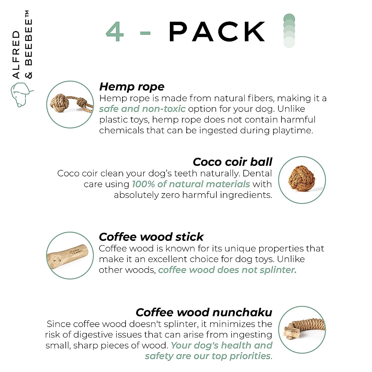 Alfred & Beebee Eco-Friendly Coffee Wood Dog Chew Toy Pack - for Regular Chewers - Dog Dental Chew