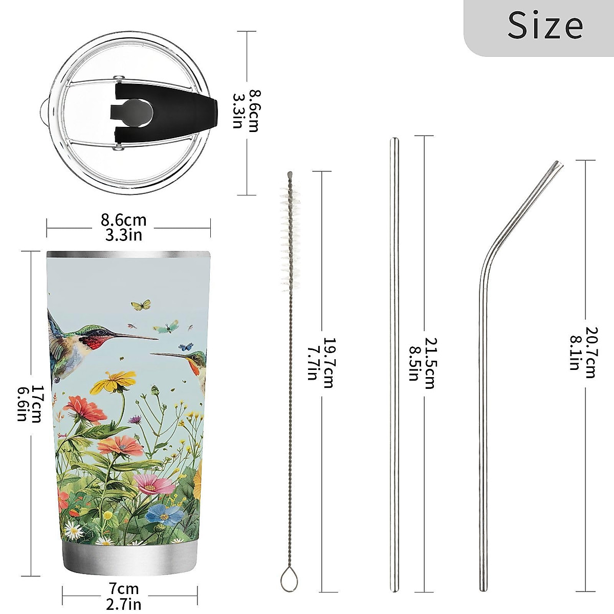 Wassud Flying Hummingbirds 20 oz Tumbler with Lid and Straw Stainless Steel Double Wall Vacuum Tumblers Insulated Travel Coffee Mug for Cold and Hot Drinks