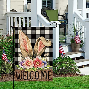 CMEGKE Easter Garden Flag, Easter Buffalo Plaid Bunny Ear Garden Flag, Spring Summer Garden Flag Rustic Vertical Double Sided Burlap Welcome Easter Rabbit Floral Holiday Party Farmhouse Yard Home Outside Decor 12.5 x 18 In
