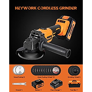 Heywork 21V Cordless Grinder Kit,4" Blade,10000 RPM Brushless Motor Cordless Angle Grinder,4Ah Lithium Ion Battery Grinder & Quick- Charger,2-Position Handle,Cutting and Grinding Wheels