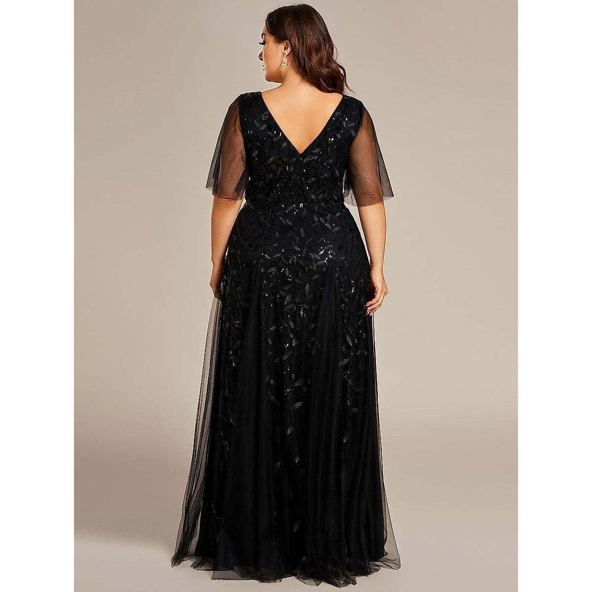 Ever-Pretty Womens Plus Size Sequin Emboridery Formal Evening Dresses with Sleeves Black US18