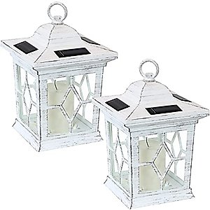 Sunnydaze Lucien Outdoor Solar LED Decorative Candle Lantern - Rustic Farmhouse Decor for Patio, Porch, Deck and Garden - Tabletop and Hanging Outside Light - Set of 2 - White - 9-Inch