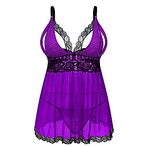 Donnalla Women's Sexy Plus Size Lingerie - Split Cup Lace Babydoll Sleepwear Chemise Set (Purple,XXL)