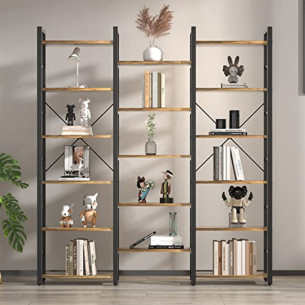 oneinmil Triple Wide 6-Shelf Bookcase Industrial Vintage Wood Style Large Open Bookshelves for Home&Office, Rustic Brown (6 Tier, Rustic Brown)