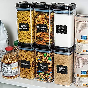 Shazo Airtight Food Storage Container (Set of 6) - BONUS Measuring Cup - Labels & Marker - Durable Plastic - BPA Free - Clear with Improved Lids (Black) - Air Tight Snacks Pantry & Kitchen Canisters