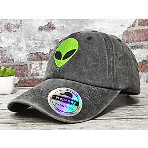 Hepandy Embroidered Green Alien Head Baseball Cap for Kids Women Men, Washed Black Embroidery Trucker Hat, Adjustable Snapback Dad Hats
