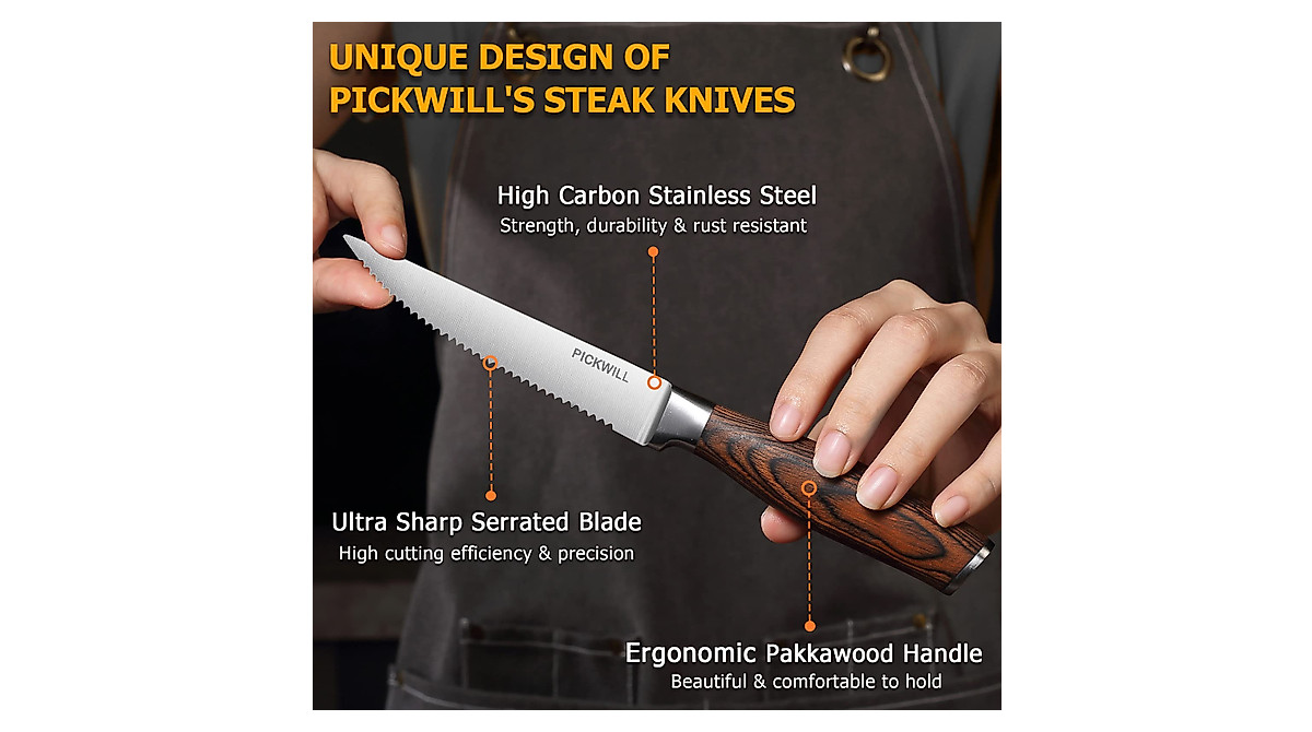 PICKWILL Serrated Steak Knives Set of 4 - Ergonomic & Sharp