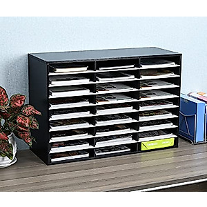 PAG Wood Literature Organizer Office Home File Sorter Mail Center Paper Storage Holder Classroom Keepers Mailbox, 27 Slots Compartment, Black&White