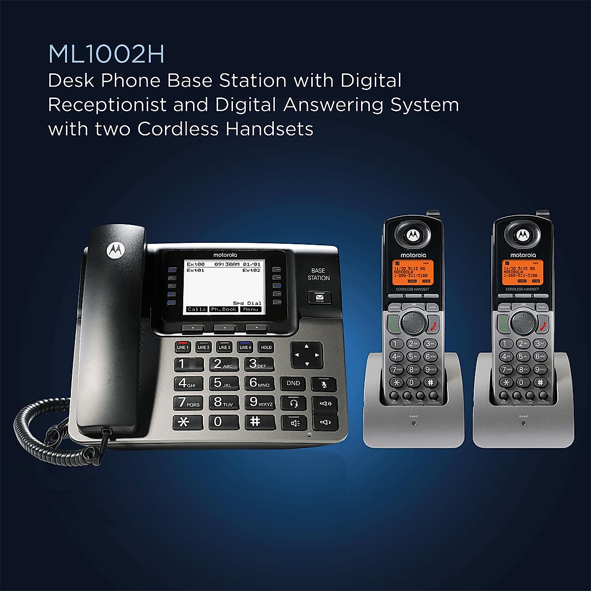 Motorola ML1002H DECT 6.0 Expandable 1 to 4 Lines Business Phone System with Voicemail, Digital Receptionist and Music on Hold, Black, 2 Handsets