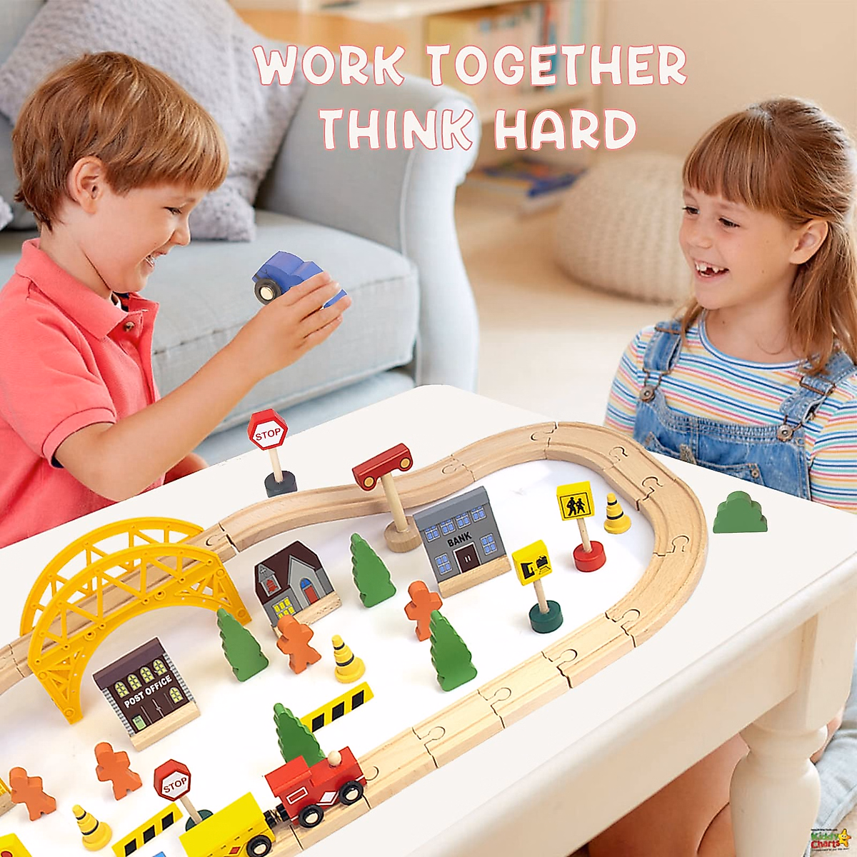 60Pcs Train Set for 3 Year Old Boys, Double-Side Wooden Train Set Tracks for Toddlers, Fits Brio, Thomas, Melissa and Doug, Kids Wood Train Toys for 3 4 5 Year Old Boys and Girls (Yellow)