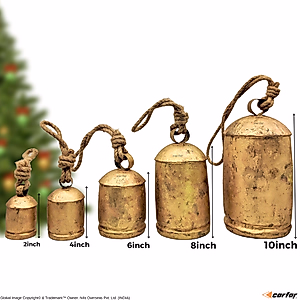 Carfar Set of 5 Rustic Style Bells Handmade Large Metal Harmony Christmas Hanging Cow Bells Complete Set on Jute Rope