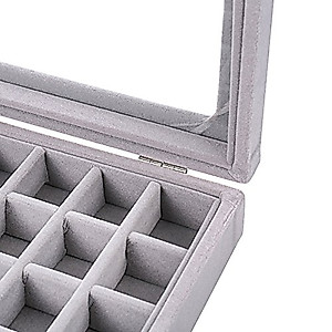 Ivosmart 24 Section Velvet Glass Jewelry Ring Display Organiser Box Tray Holder Earrings Storage Case (Grey)