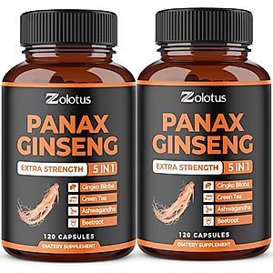 Zolotus Korean Red Panax Ginseng + Ginkgo Biloba, Ashwagandha, Beetroot, Green Tea - 120 Capsules (Pack of 2)