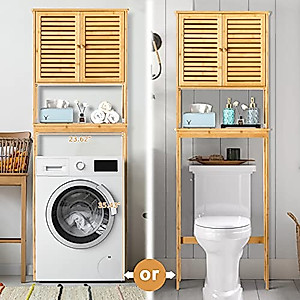 Over The Toilet Storage Cabinet, Bamboo Over Toilet Shelf Organizer with Adjustable Shelf, 2-Door with Cupboard, Bathroom Cabinet with Open Shelf Freestanding Tall Space Saver Toilet Rack, Burlywood