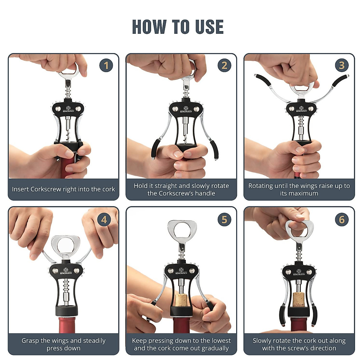 Manual Wine Opener - Multifunctional Zinc Alloy Premium Wing Corkscrew Wine Bottle Opener - Built-In Beer Cap Openers Accessories - Used In Kitchen, Restaurant & Bar (Black)